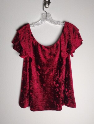 Knox Rose Deep Red Velvet Velour Off the Shoulder Ruffle Top Medium | eBay