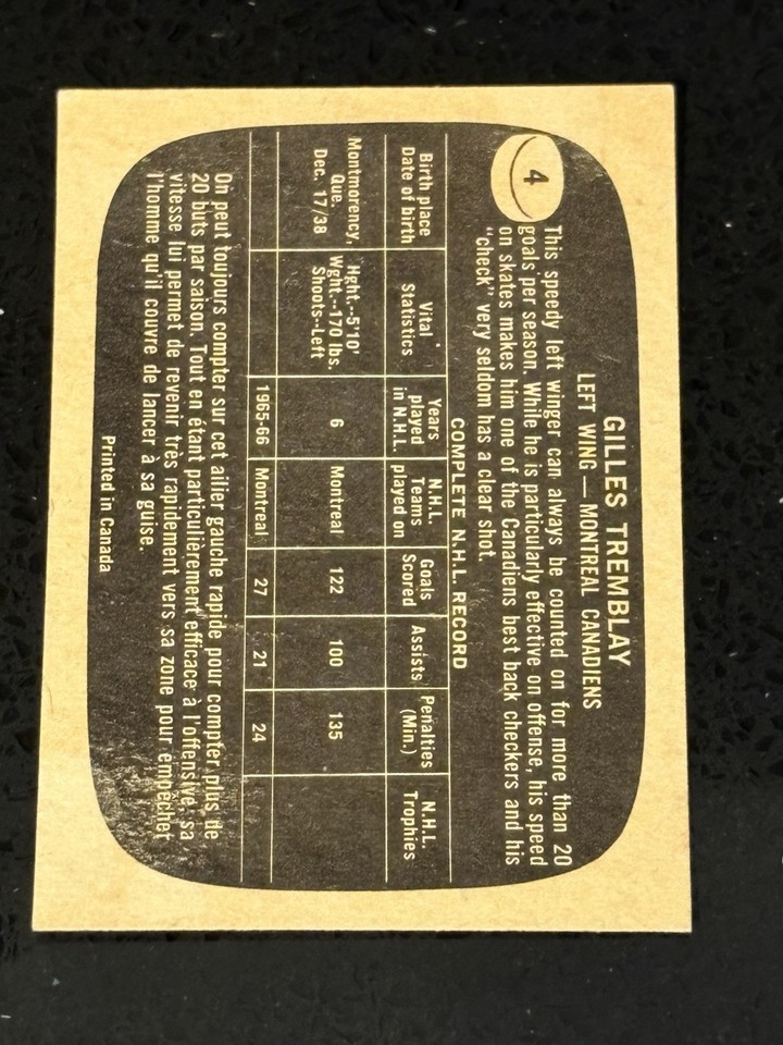 1966-67 Topps Hockey # 4. Gilles Tremblay Montreal Canadiens. Nice Card ...