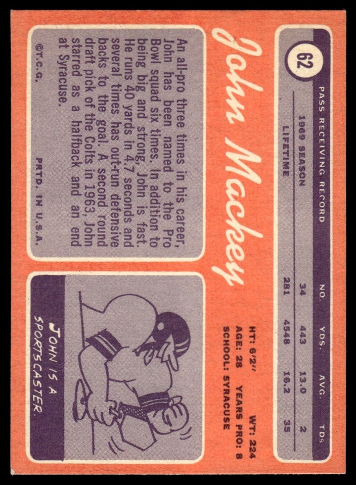 1970 TOPPS JOHN MACKEY BALTIMORE COLTS #62 | eBay