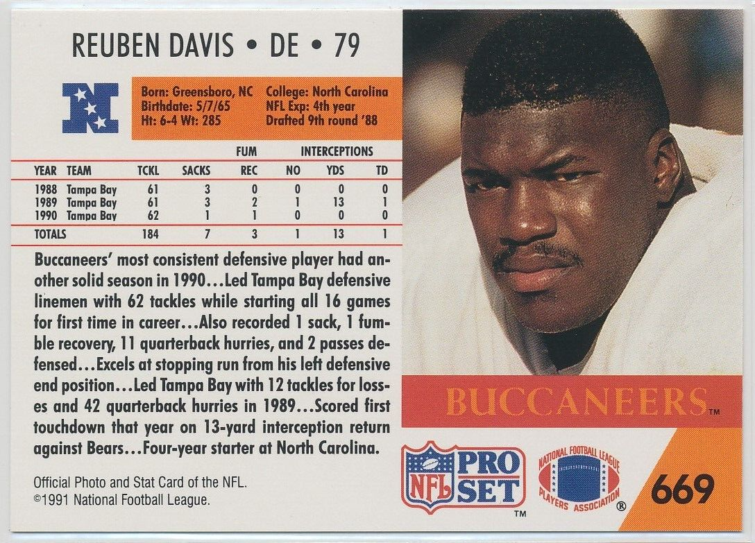 Reuben Davis - Tampa Bay Buccaneers - 1991 Pro Set - Series 2 - Base ...