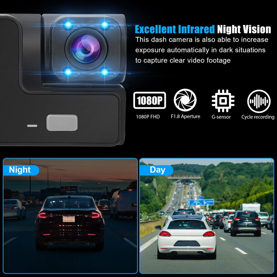 Dash Cam HD 1080P Car Dual Lens Front/Rear/Inside Video Recorder Camera ...