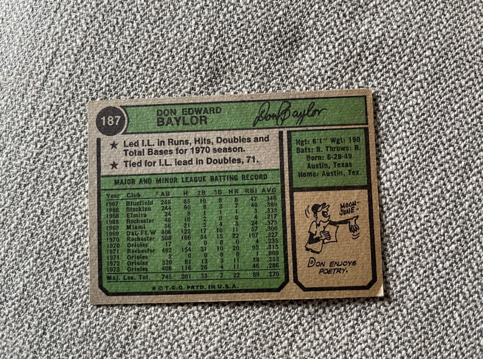 DCC: 1974 Topps #187 Don Baylor Baltimore Orioles EX+ Well Centered | eBay