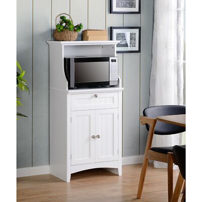 White Wooden Microwave Cart Kitchen Storage Stand Utility Cabinet ...