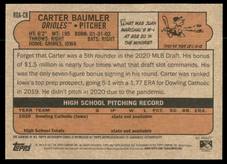 2021 Topps Heritage Minor League Real One Autographs Carter Baumler ...