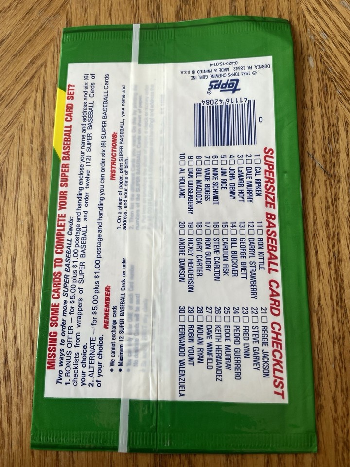 1984 Topps Super Baseball Card Wrapper - Checklist On Back | eBay