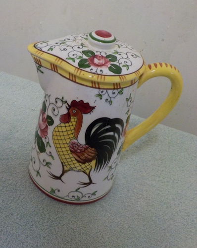 PY Early Provincial Rooster And Roses Ucago Pitcher Lidded 1950's Hand ...
