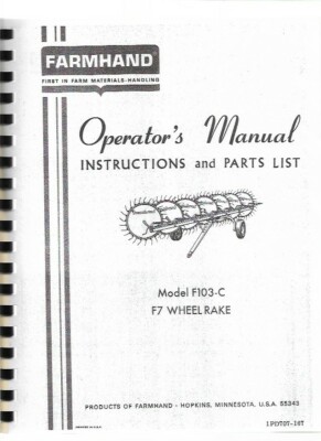 Farmhand F103-C F7 Wheel Rake Owners Operators Manual Parts Catalog | eBay