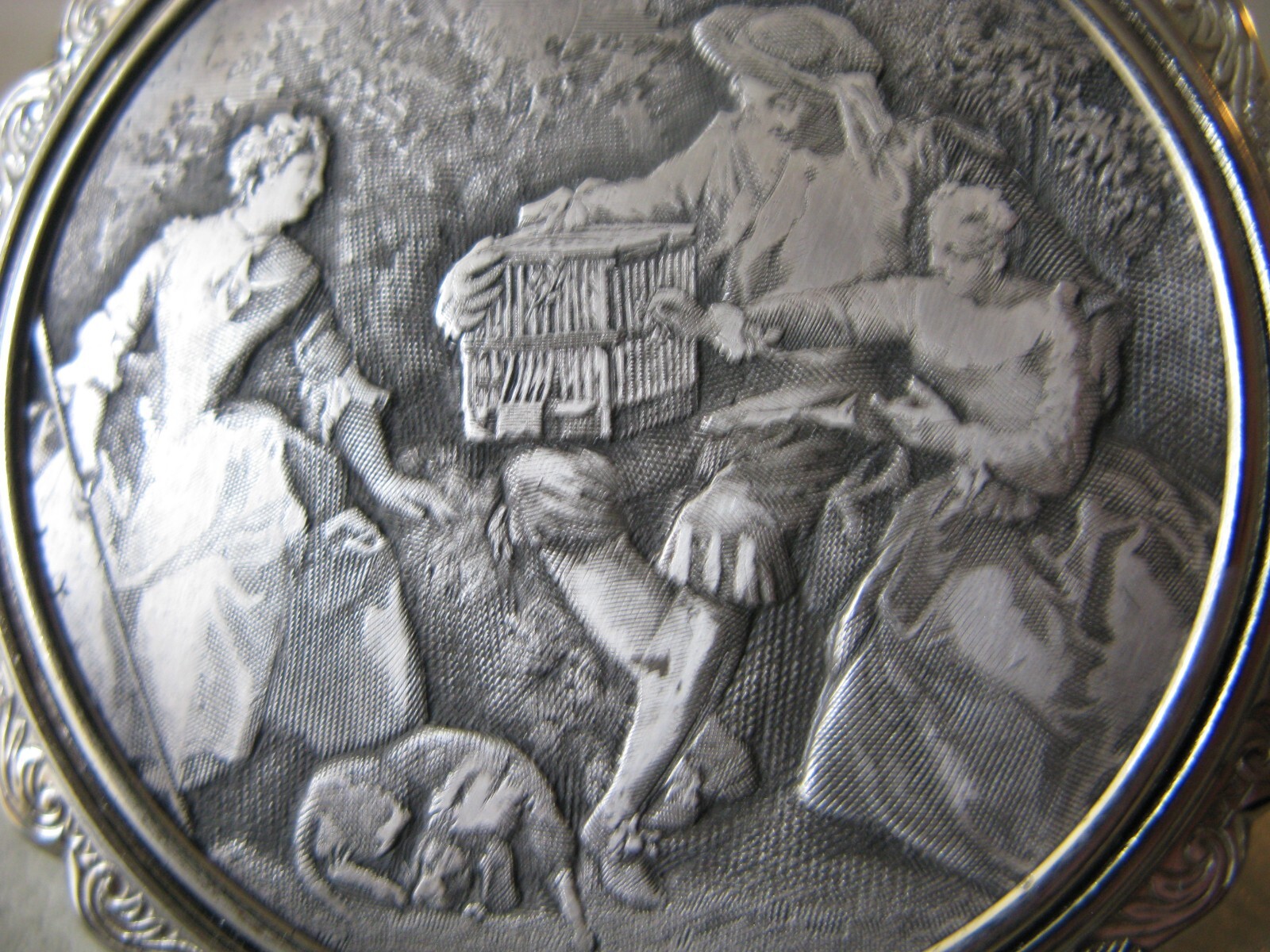 Antique Vintage Silver ENGLAND Lithograph Couple Maiden Dog STRATTON ...