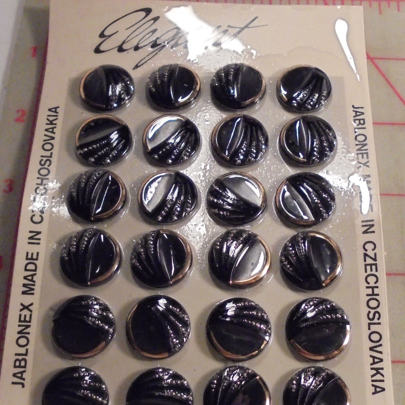 Vintage 24 Button Card Jablonex Czechoslovakia Black Glass Silver Gold ...