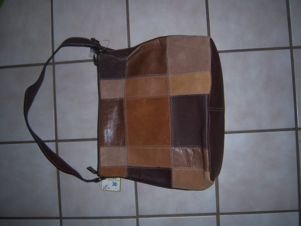 NEW TRENDY FOSSIL CARGO Patchwork Chevron BROWN Leather Largo Hobo ...