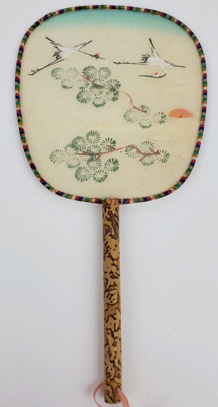 (2) Vintage Oriental Floral Birds Butterfly Wooden Handle Silk Paddle ...