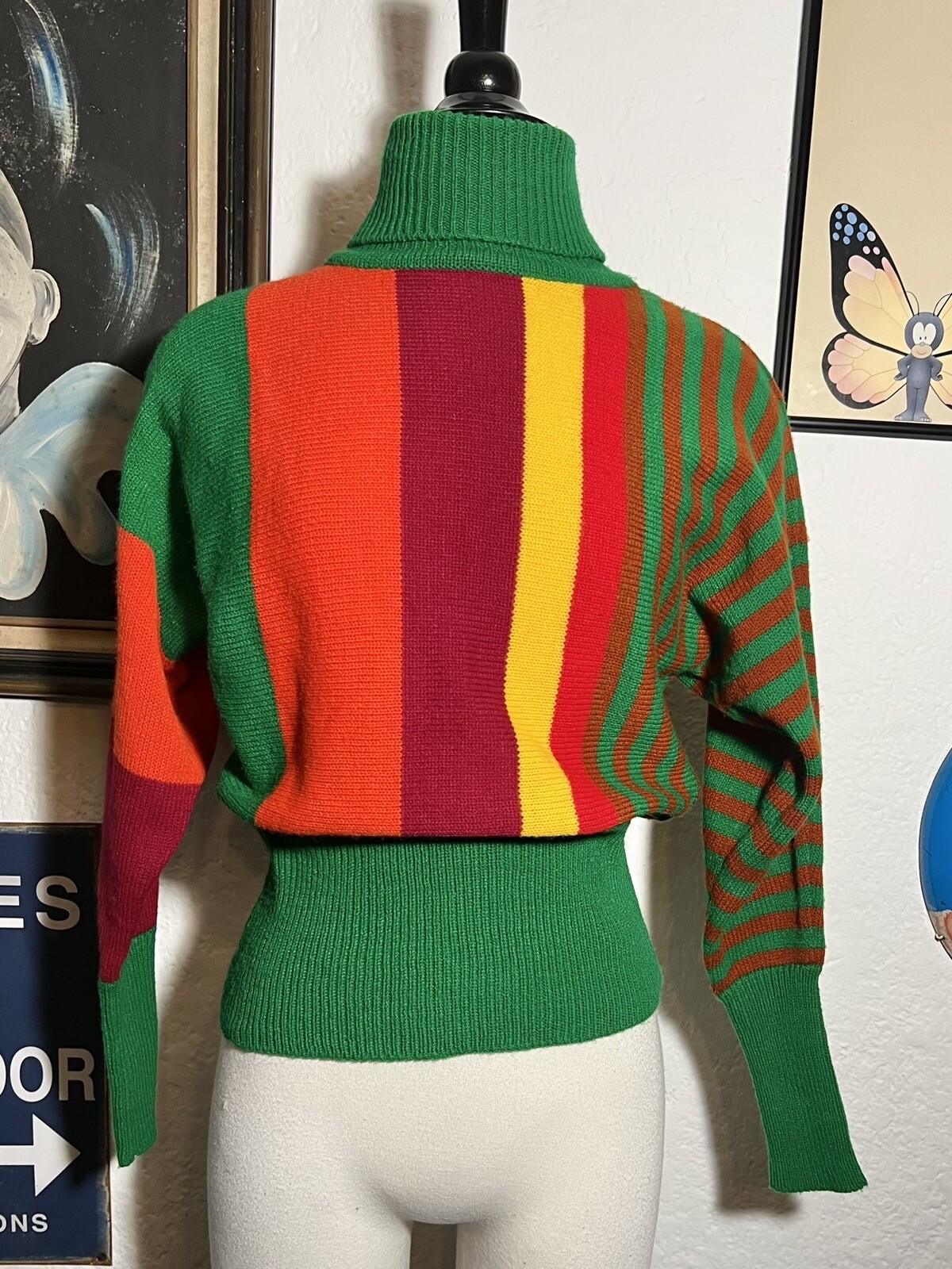60s VINTAGE HAND LOOMED MULTI STRIPE TURTLE NECK SWEA… - Gem