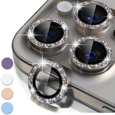 F iPhone 17 16 15 14 13 12 11 Pro Max Metal Camera Glitter Cover Glass ...