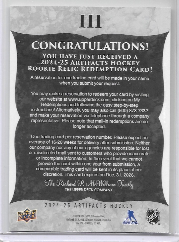 MICHKOV? HUTSON? 24-25 UD ART. ROOK. RELIC REDEMP. III GOLD JERSEY SP ...