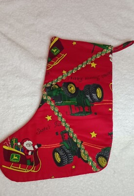 John Deere Handmade Christmas Stocking Santa Tractor 12" Red Green Gold ...