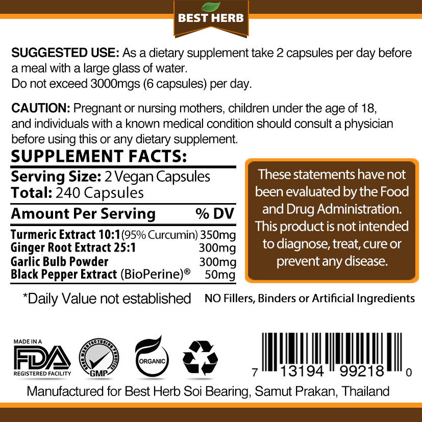 240 CAPSULES TURMERIC GINGER GARLIC BLACK PEPPER PIPERINE CURCUMIN ...