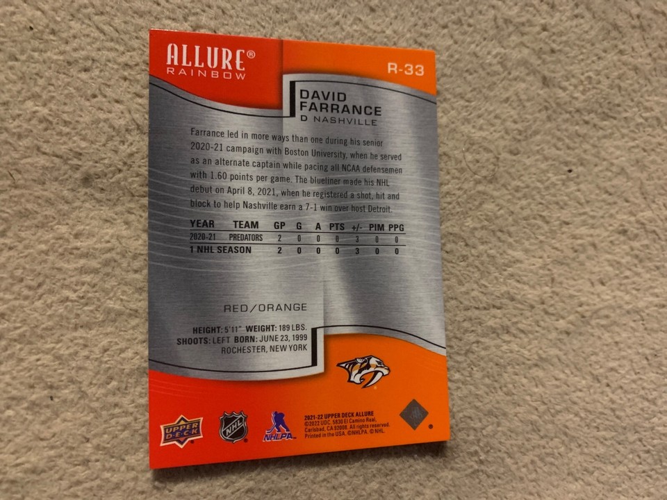 2021-22 Upper Deck Allure Hockey #R-33 David Farrance Red/Orange ...