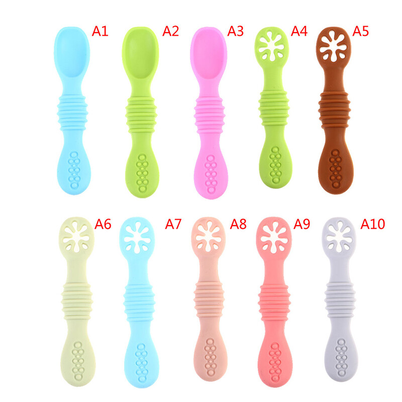 Baby Spoon Silicone Teether Toys Learning Feeding Scoop Training Utens ...