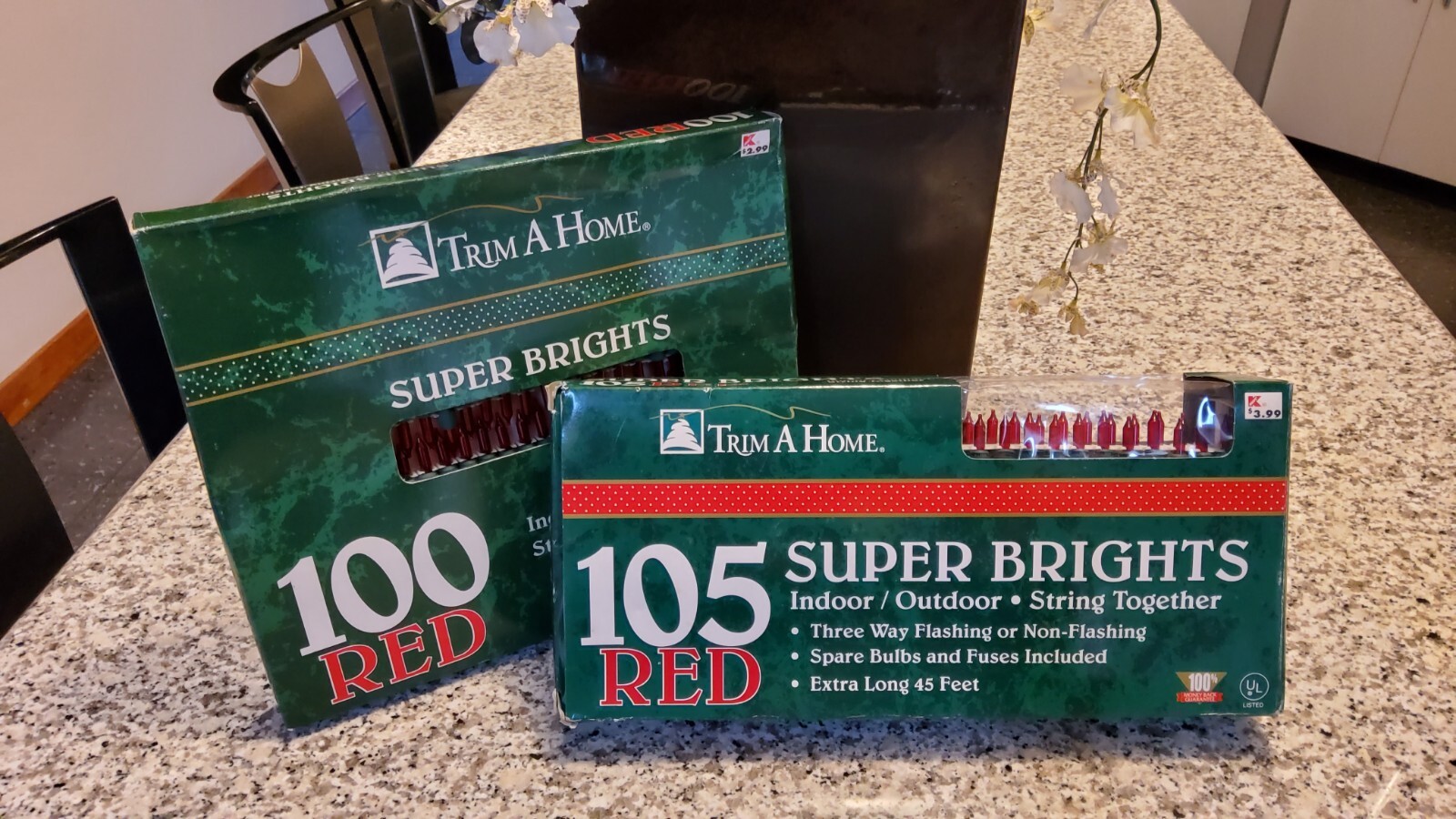 TWO BOXES OF RED VTG. TRIM A HOME CHRISTMAS LIGHTS 1-BOX 105 & 1-BOX ...