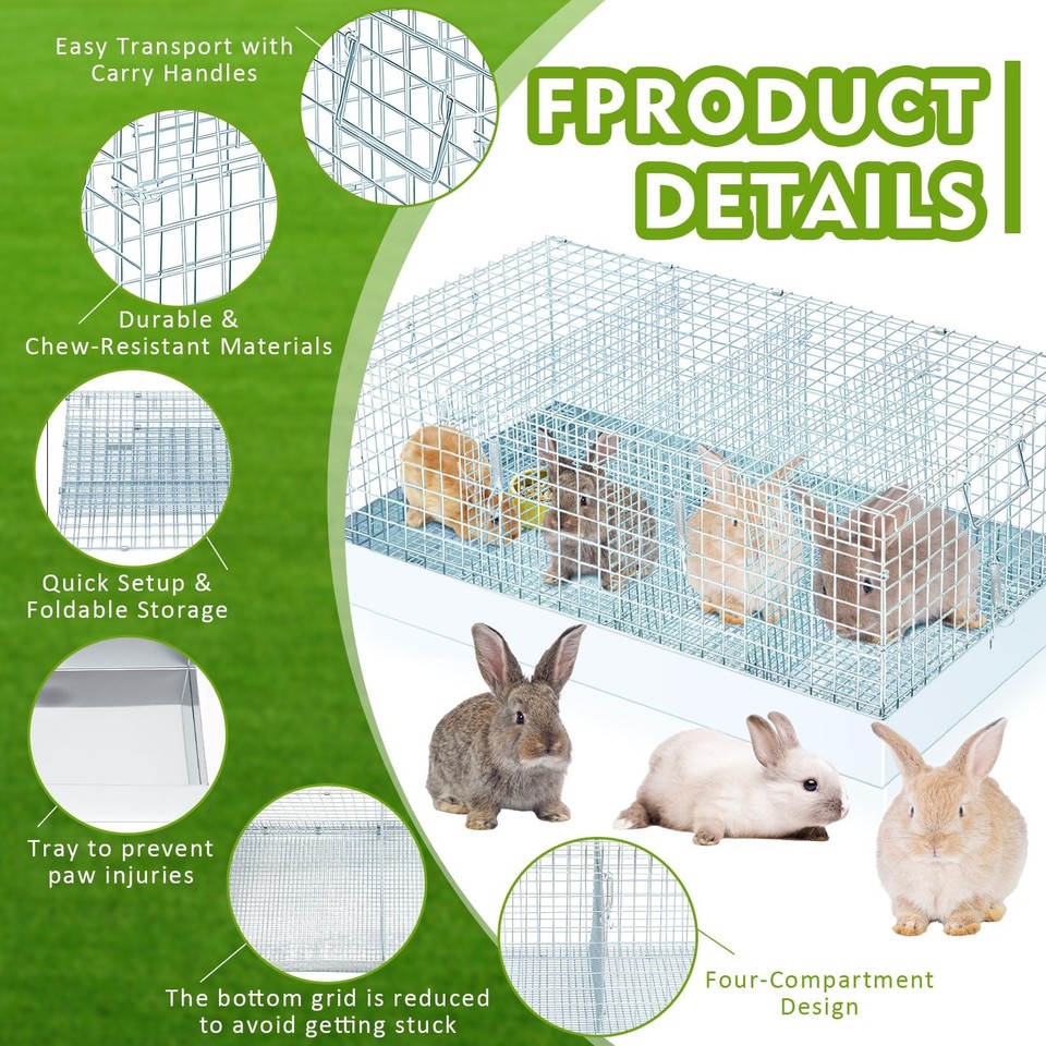 4 Hole Folding Rabbit Transport Cage, 28 x 16 x 12 in Portable Rabbit ...
