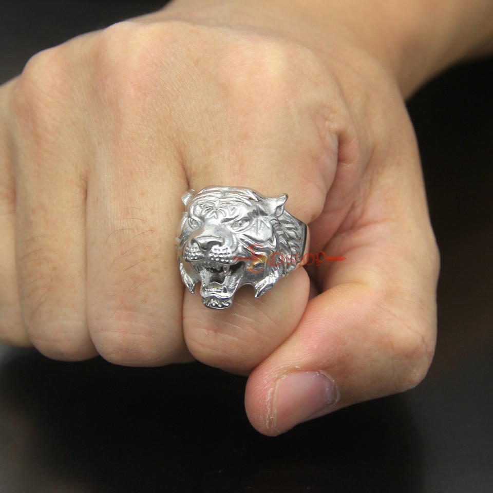 316L Stainless Steel Platinum Plated Tiger Head Ring Unique Men's ...