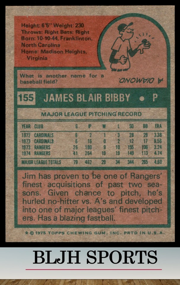 1975 Topps #155 Jim Bibby Texas Rangers | eBay