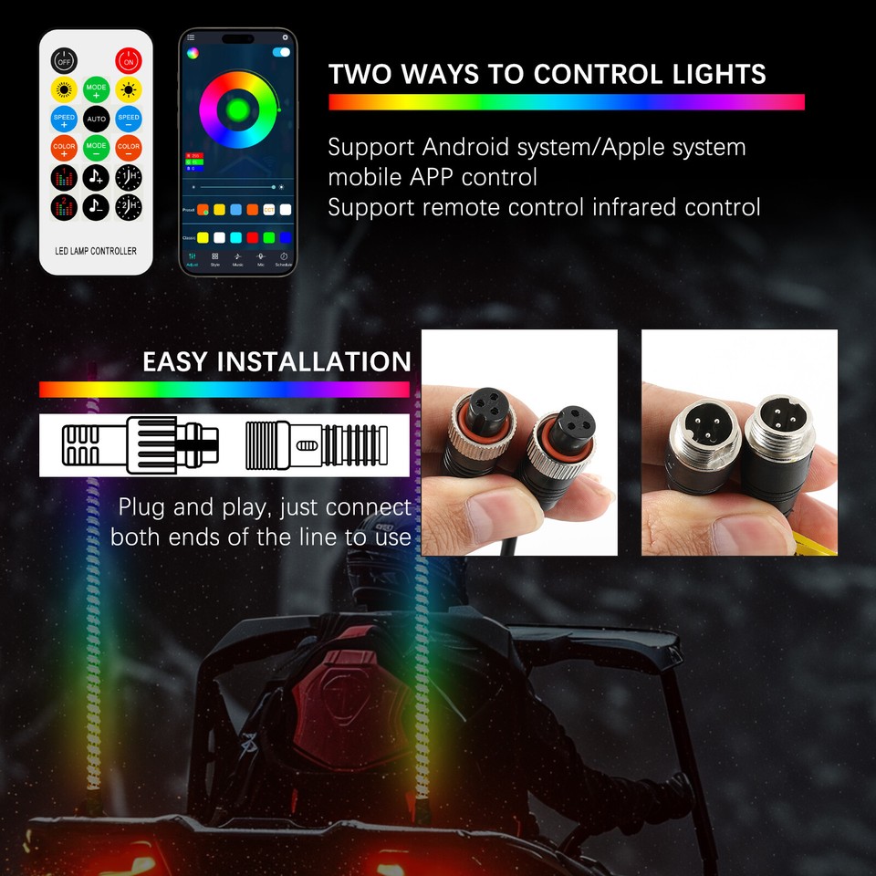 2X 3ft Lighted Spiral COB LED Whip Antenna w/Flag + 10X RGB Rock Lights ...