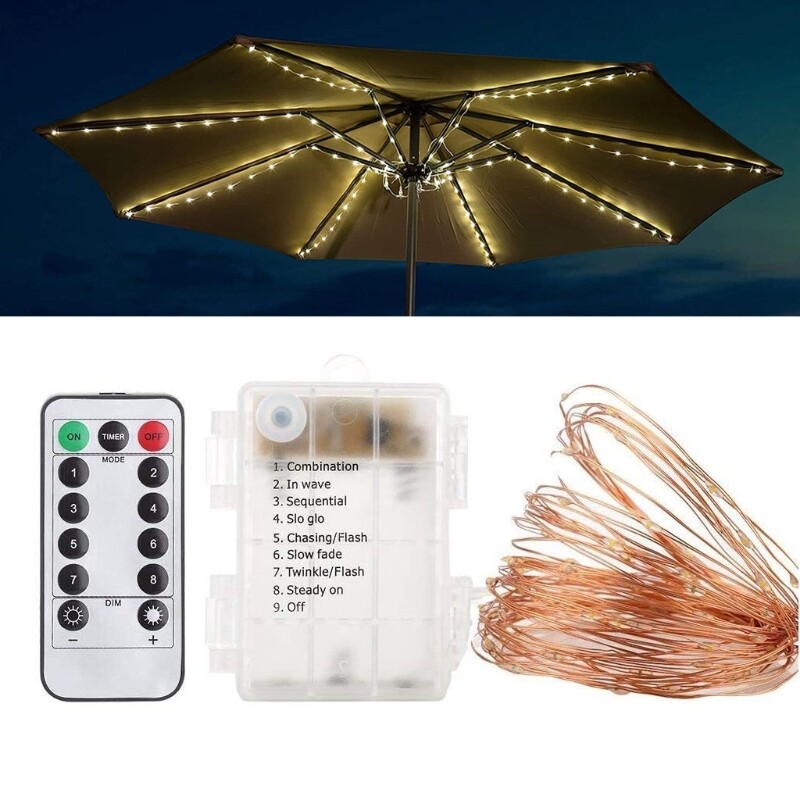 Waterproof Outdoor Parasol String Lights with Remote Control for Patio ...