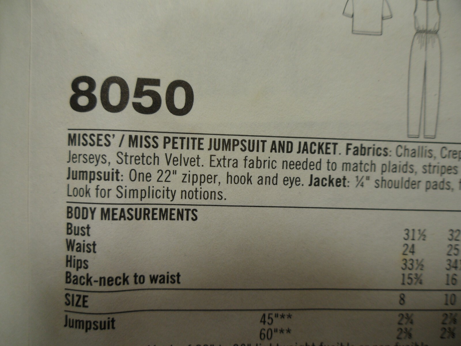 Simplicity Sewing Pattern 8050 Size 8-18 Misses Jumpsuit & Jacket NOS ...