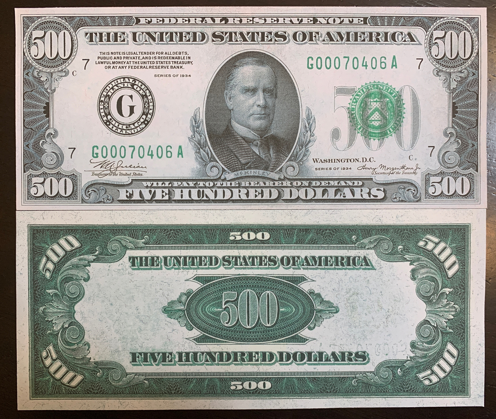Reproduction 1934 $500 Bill Federal Reserve Note Chicago Currency Copy ...