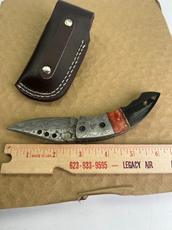 Stauer Folding Knife Damascus Blade With Leather Belt Loop Sheath | eBay