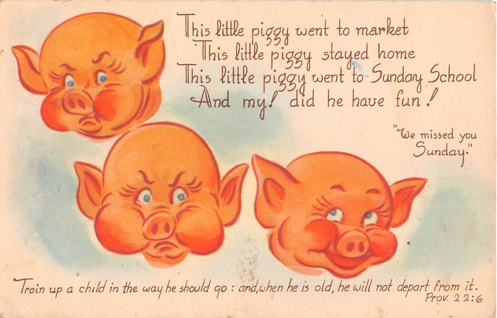 1947 Religious PC of Three Little Pigs & Bible Verse-One Went To Sunday ...