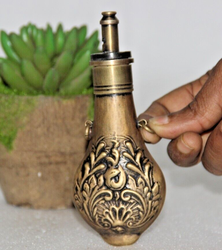 Vintage Victorian Look Brass Engraved Gun Powder Bottle, Flask - 13985 ...