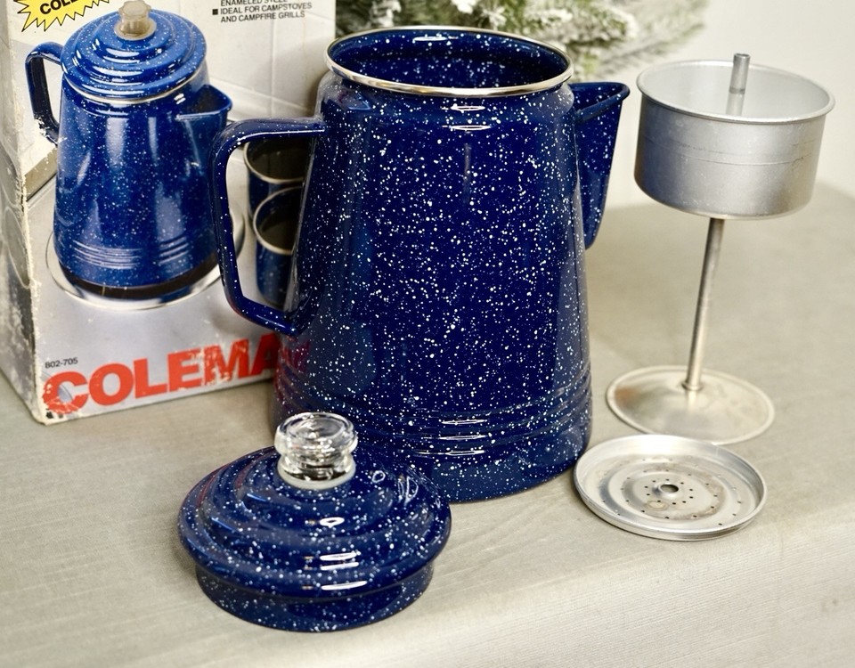 Coleman Outdoor Percolator Coffee Pot Blue Enamelware Campfire Kettle ...