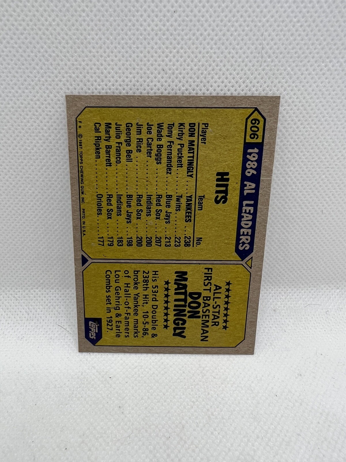 Don Mattingly #606 Error Print Double Moustache MINT Topps 1987 All ...