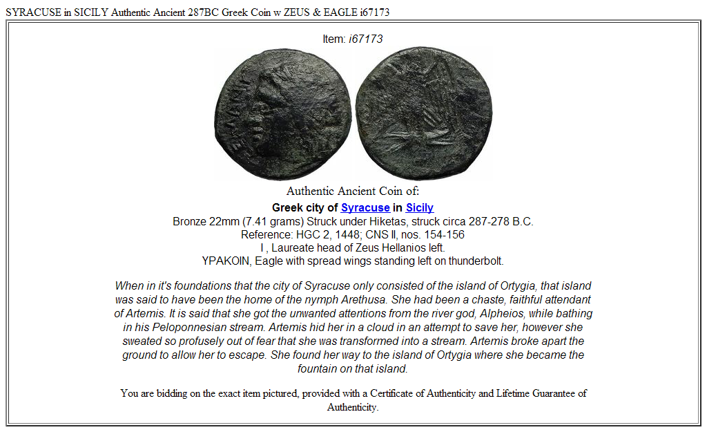 SYRACUSE in SICILY Authentic Ancient 287BC Greek Coin w ZEUS & EAGLE ...