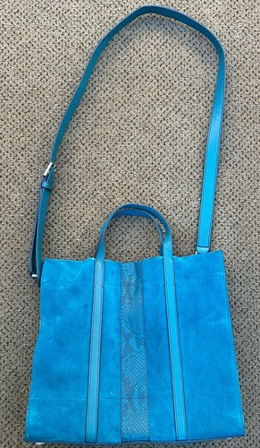 🔥Fossil Suede and Leather Lagoon Blue Carmen Tote Shopper Purse Bag🤩no ...