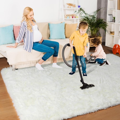 Fluffy Soft Shaggy Area Rug 5x8 Cream White Fuzzy Non-Slip Neutral Rug ...