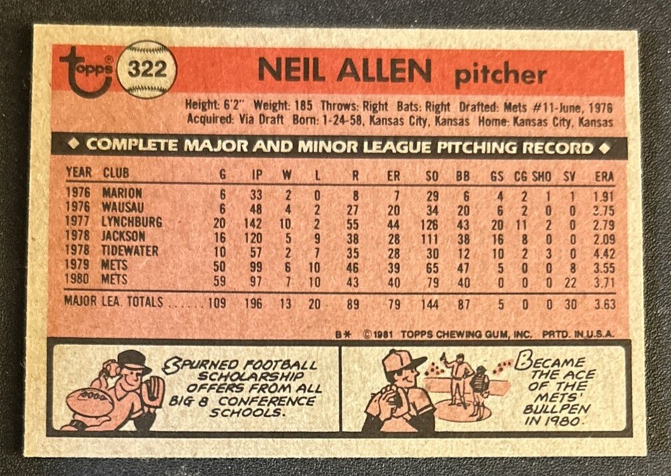 1981 Topps Neil Allen 2nd Year Baseball Card #322 Mets Pitcher VG O/C ...