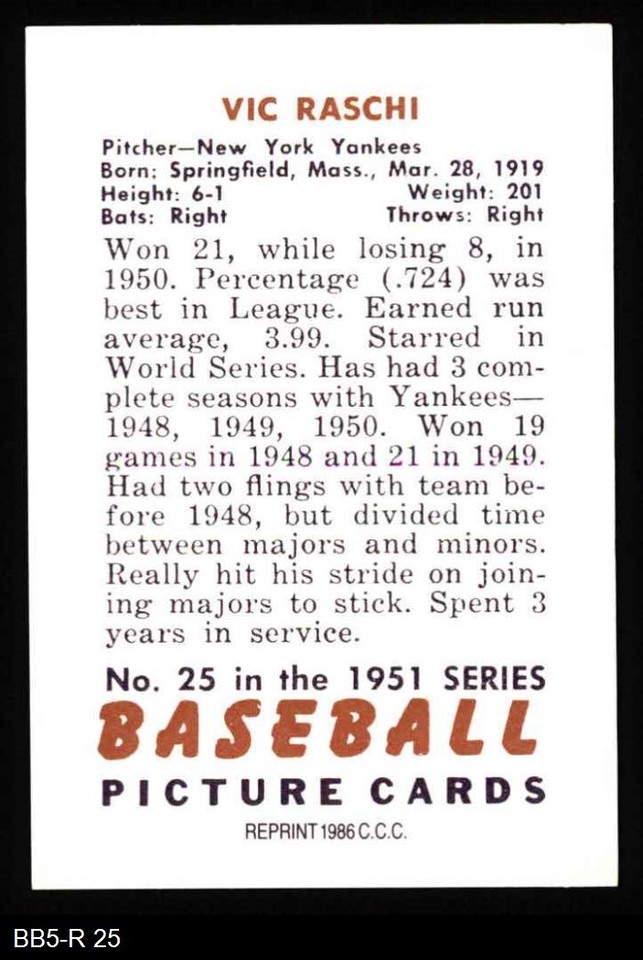 1951 Bowman REPRINT #25 Vic Raschi Yankees 8 - NM/MT | eBay