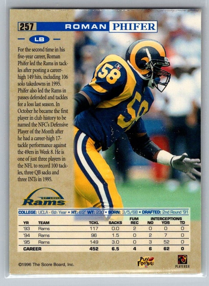 1996 Pro Line Roman Phifer #257 Rams 17th National /499 96-17th-Nat | eBay