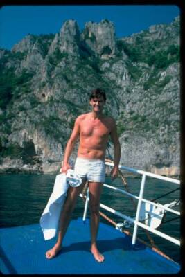 Actor Simon Williams photographed on a boat near Positano Italy 1984 ...