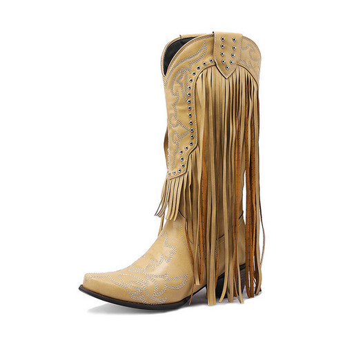 Womens Fringe Studs Block Heel Pull On Mid Calf Cowboy Tassel Western ...