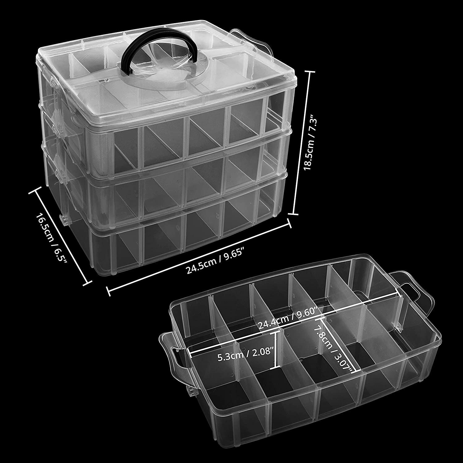 Stackable 3 Tier Clear Plastic Craft Storage Box with 30 adjustable ...