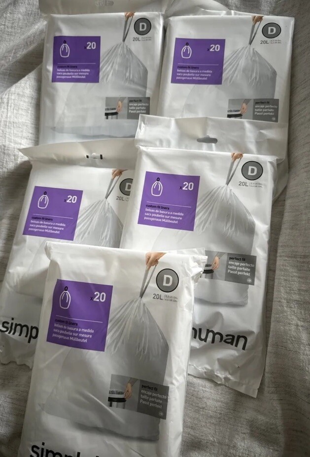 SIMPLEHUMAN Size D 20L Trash Bags Can Liners Refill WHITE 5 Packs | eBay