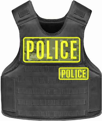 POLICE 2 EMBROIDERY PATCH 4X10 AND 2X5 HOOK ON BACK YELLOW ON MULTICAM ...