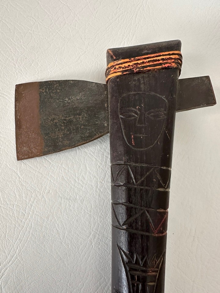 Ornamental Vtg Primitive Iron Axe Head Tomahawk w Hand Carved Wooden ...