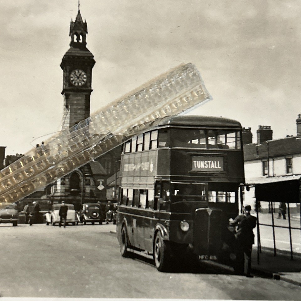 TUNSTALL, CLOCK TOWER, MOTOR BUS, CARS, NICE TRANSPORT SCENE NR STOKE ...