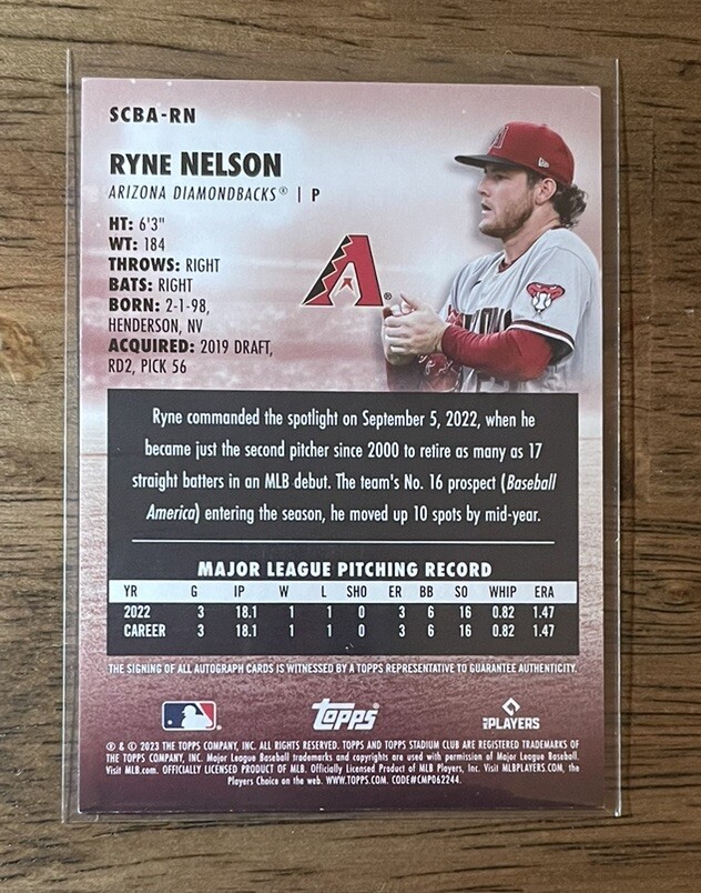 RYNE NELSON | 2023 Topps Stadium Club | ON CARD RC AUTO | Arizona ...