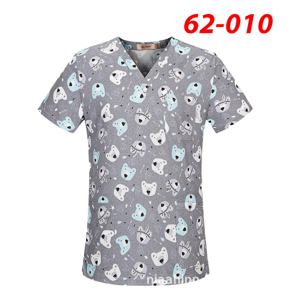 100% Cotton Unisex Scrub Tops Cartoon Printing Women Men Clinic Nursing ...